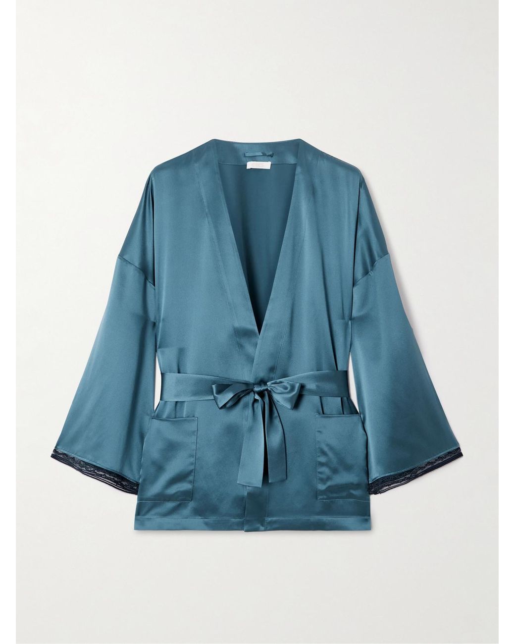 Eres Ondine Belted Lace-Trimmed Silk-Satin Robe in Blue | Lyst