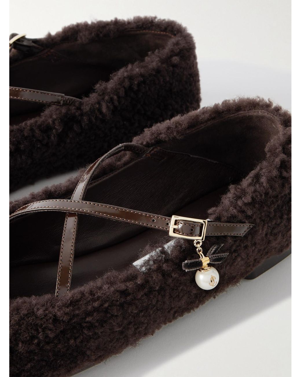 Jimmy Choo Eleri Embellished Patent Leather-Trimmed Shearling Ballet ...