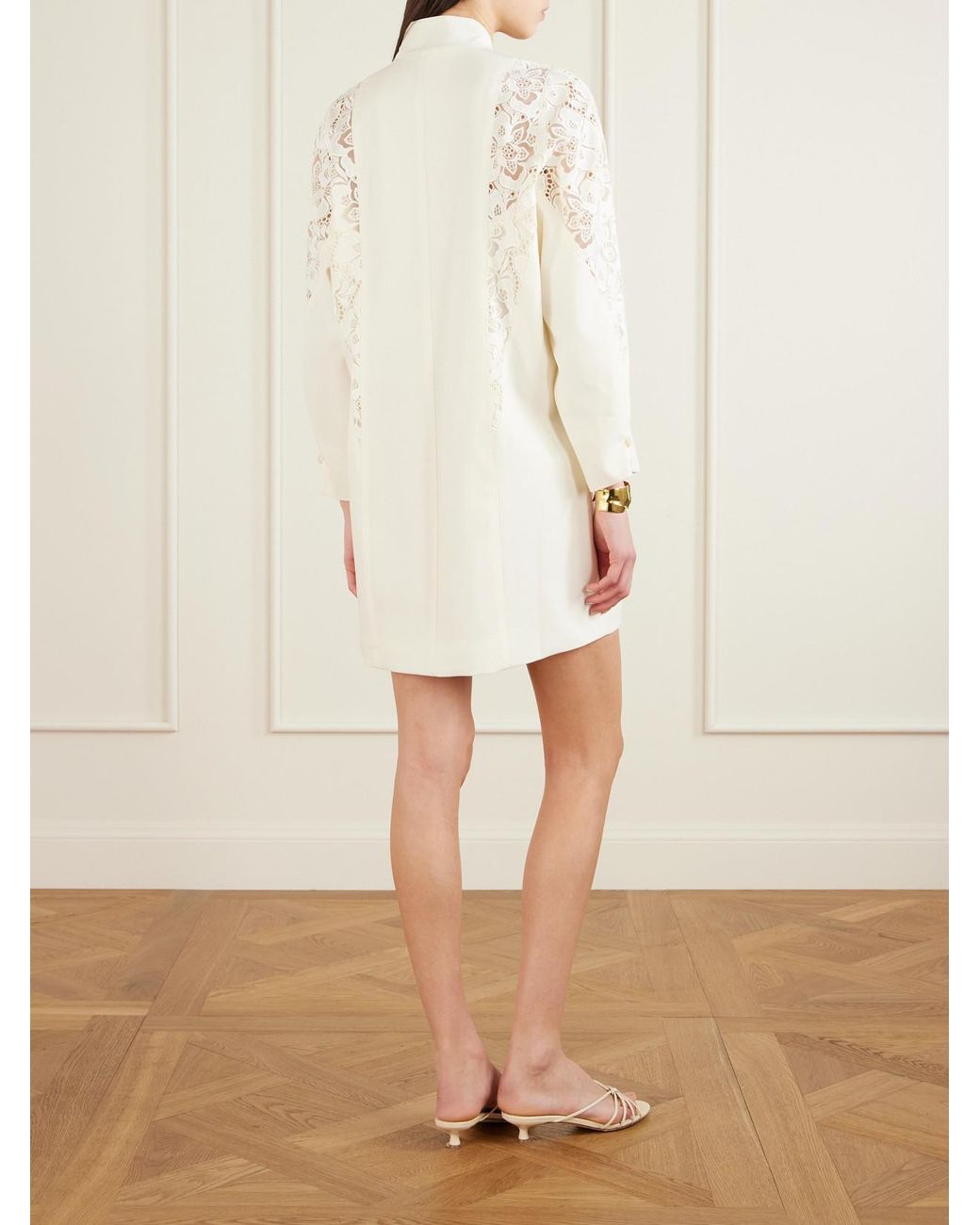 Maison Mayle Ines Lace-Trimmed Wool-Twill Mini Dress in Natural | Lyst