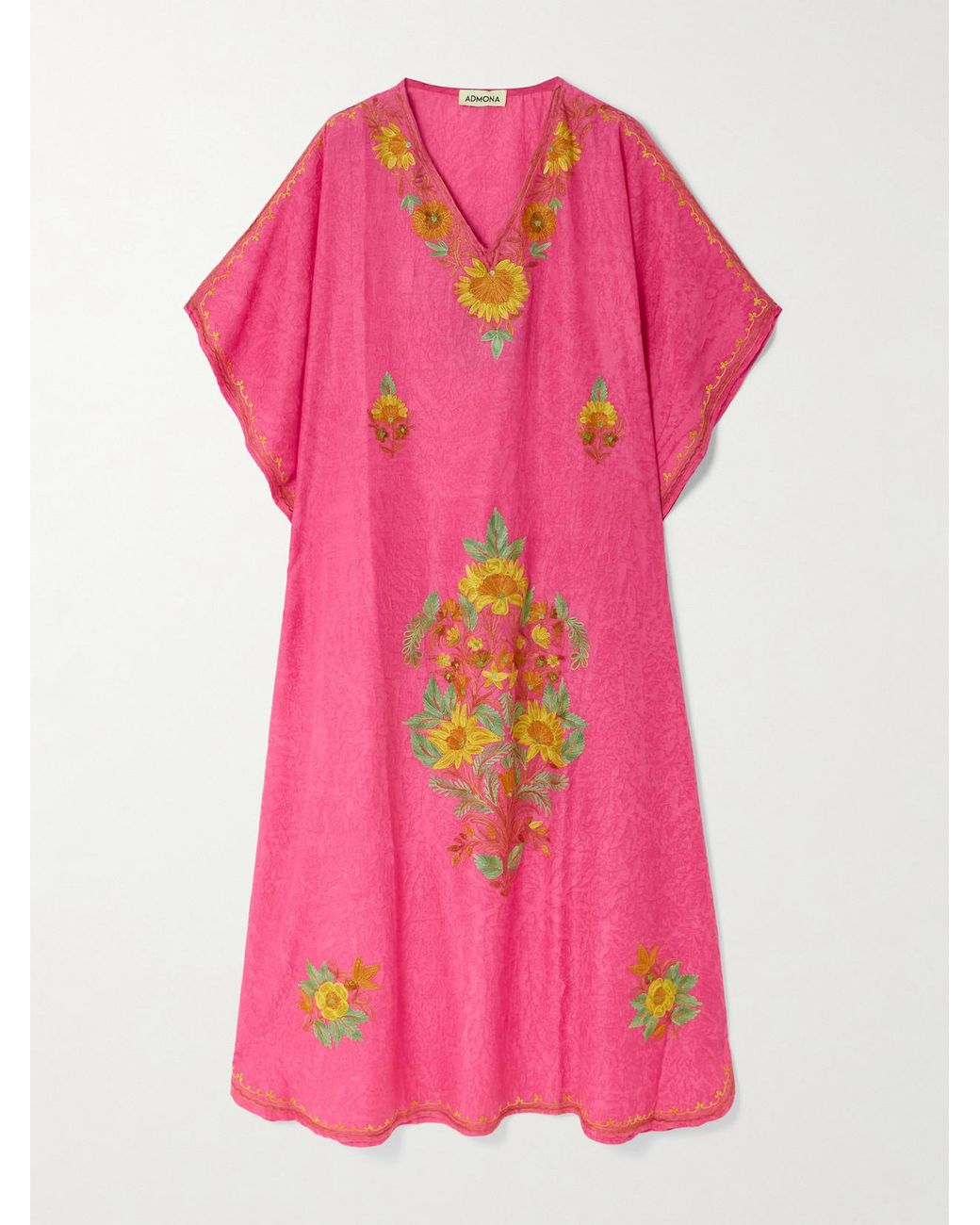 Admona Embroidered Crinkled-Gauze Kaftan in Pink | Lyst