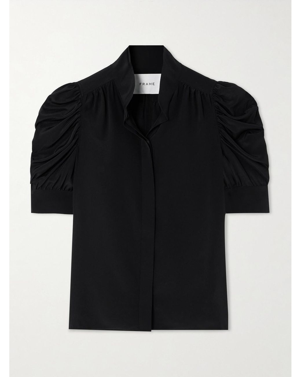 FRAME Gillian Ruched Silk-Satin Blouse in Black | Lyst