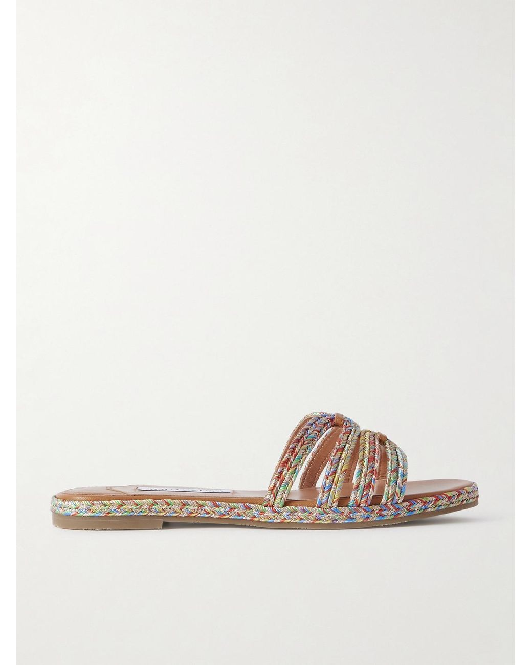 Aquazzura Playita Leather-Trimmed Metallic Woven Cord Slides in Natural ...