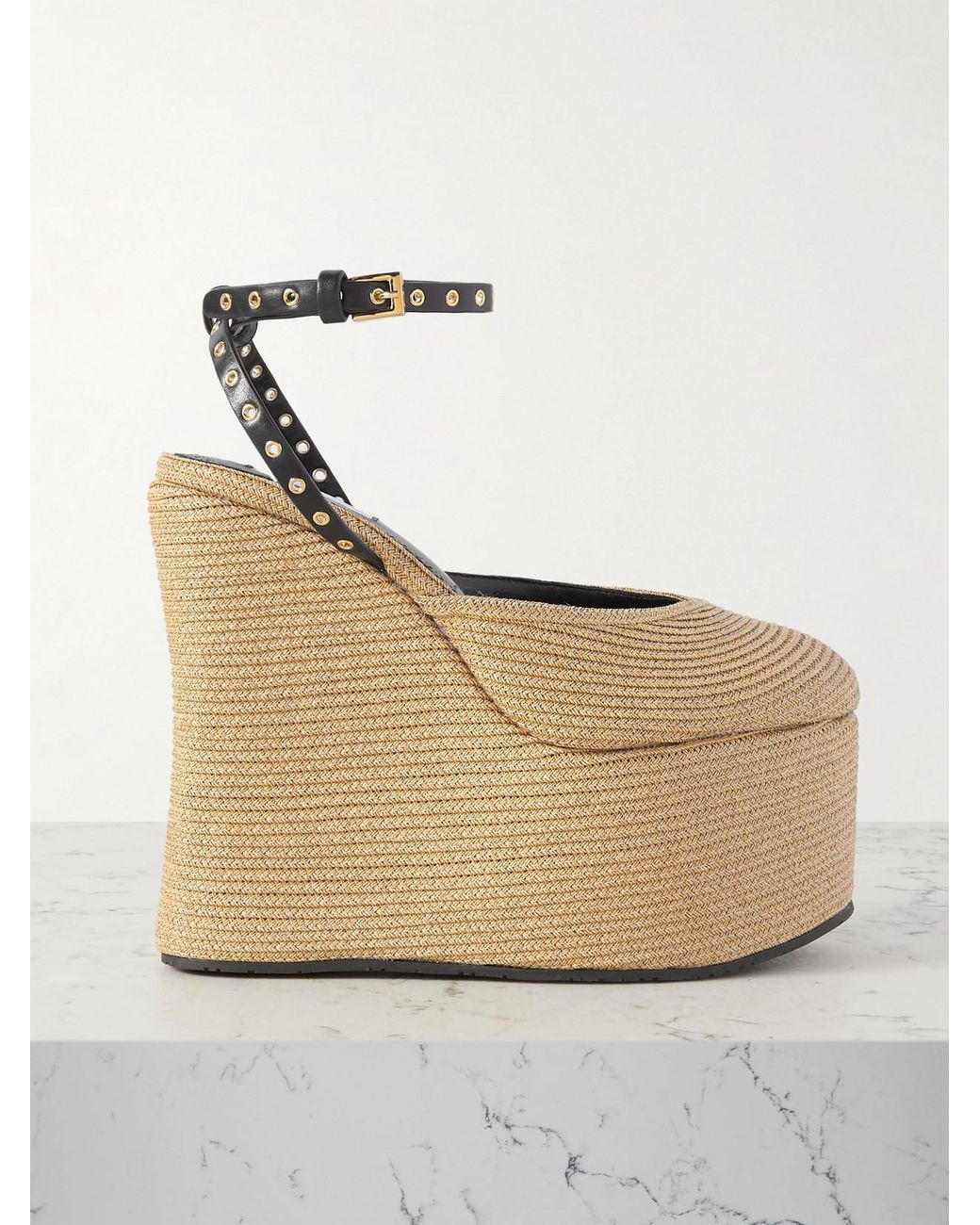 Alaïa La Wedge 140 Leather-Trimmed Raffia Platform Pumps in Natural | Lyst