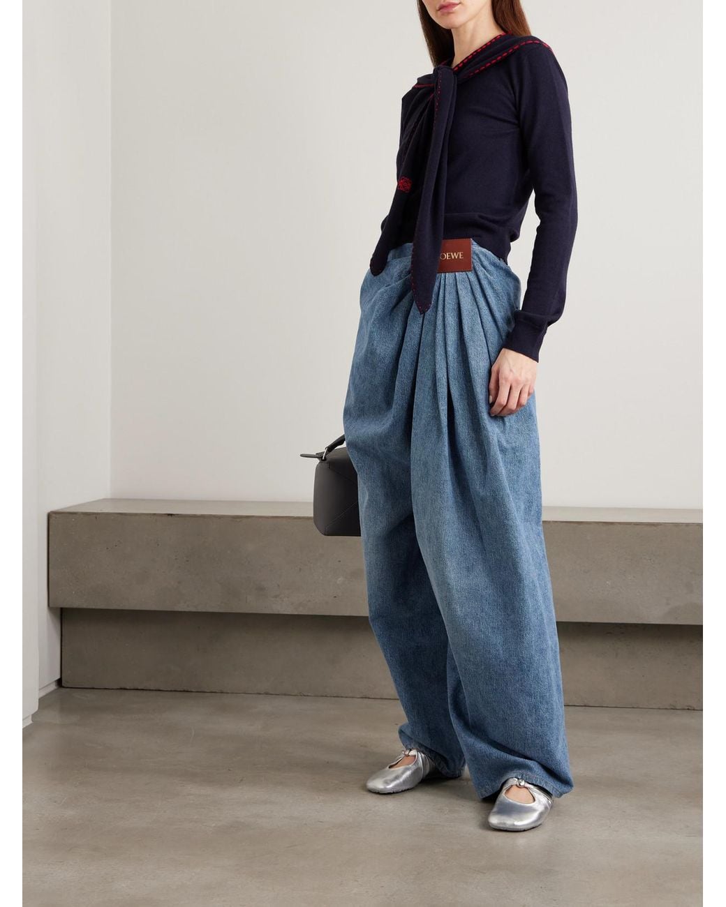 Loewe Leather-Trimmed Draped Gathered High-Rise Wide-Leg Jeans in Blue ...
