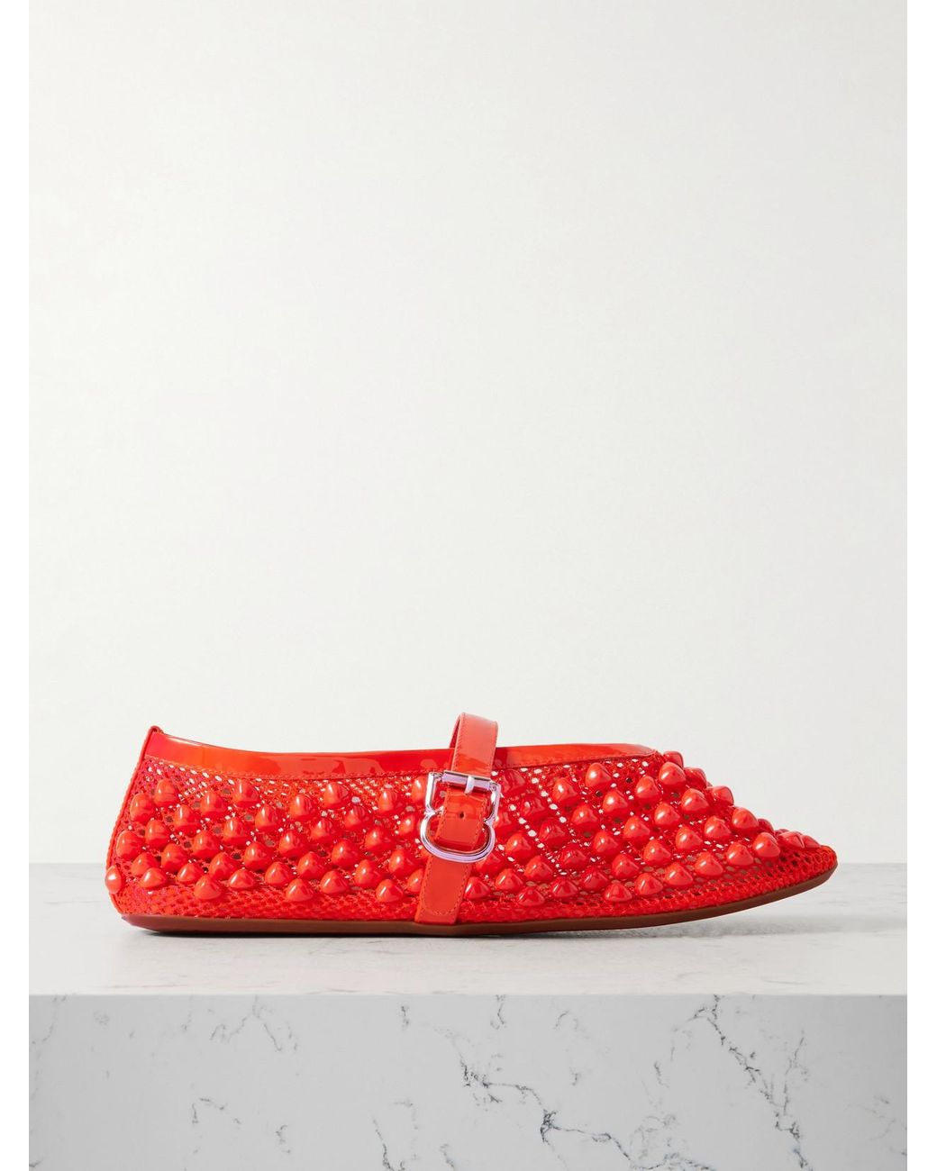 Alaïa Patent Leather-Trimmed Studded Mesh Ballet Flats in Red | Lyst