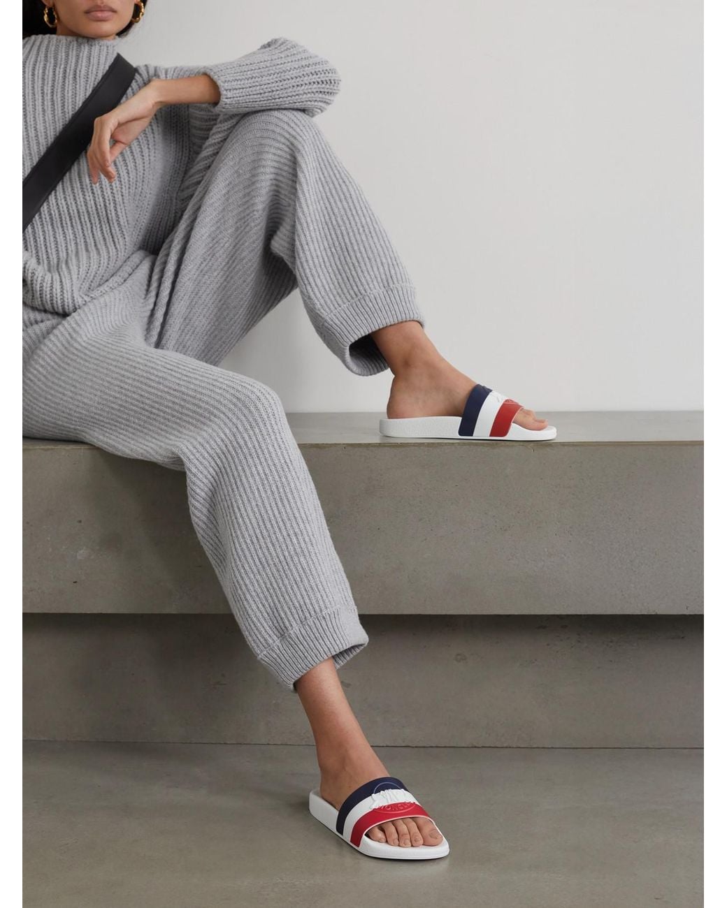 Moncler Striped Rubber Slides in White | Lyst