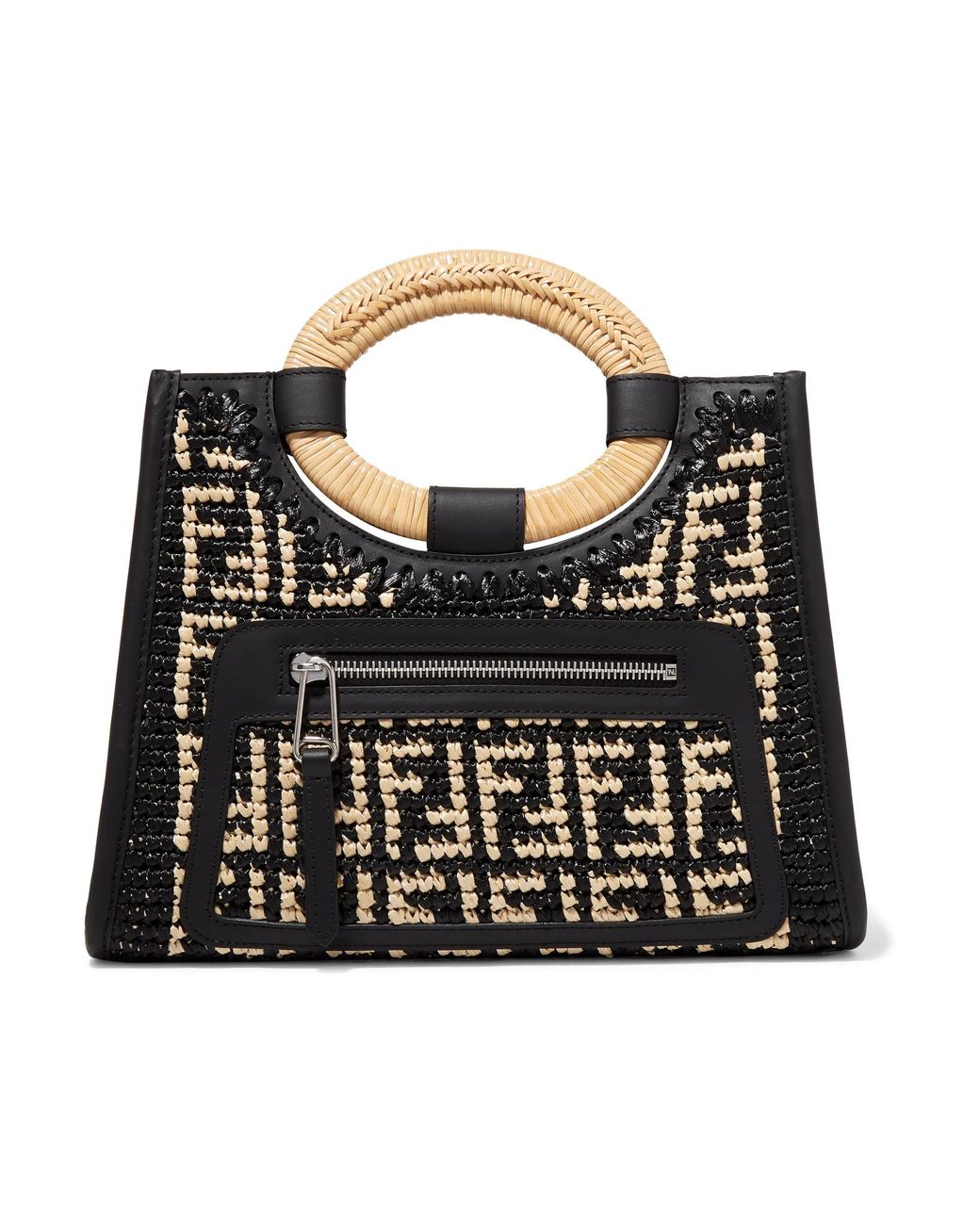Fendi Runaway Small Leather-trimmed Woven Raffia Tote in Black | Lyst