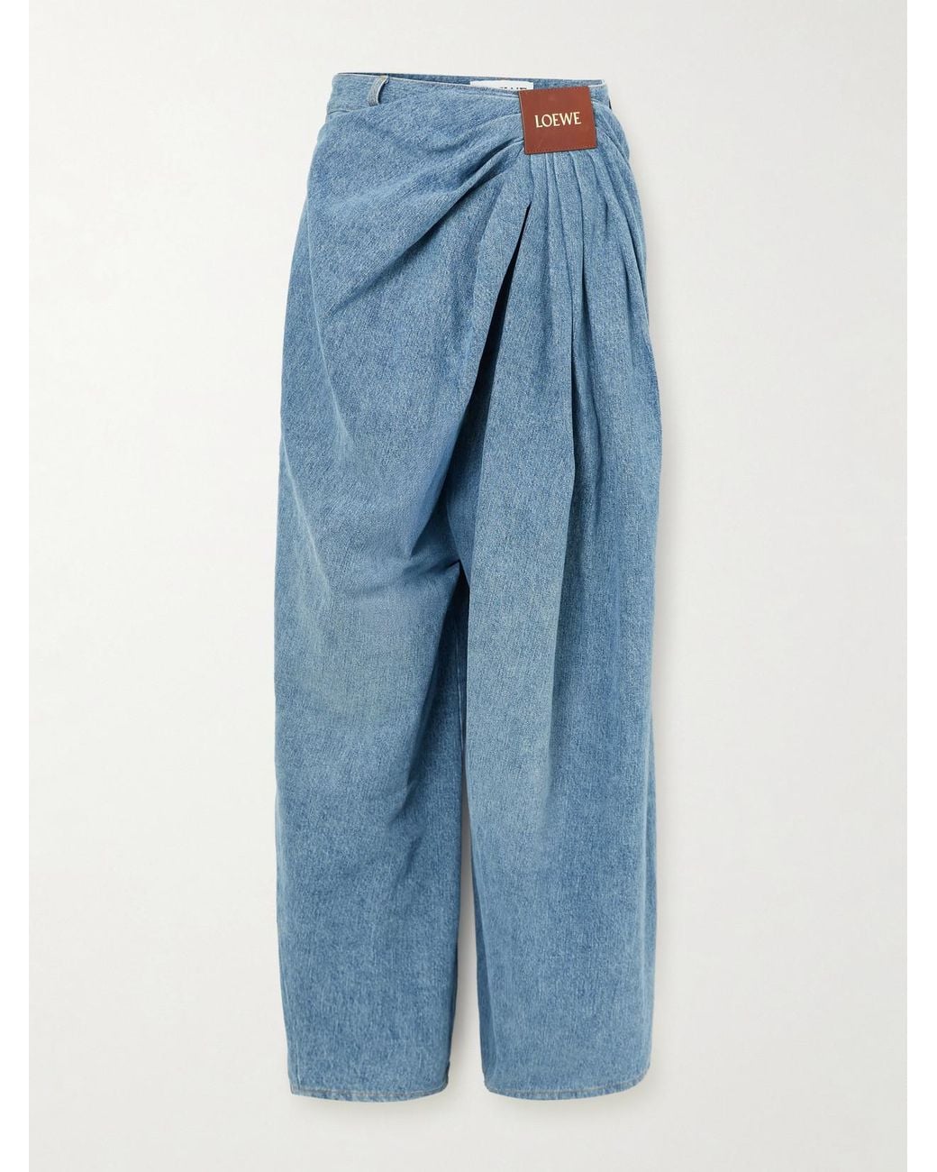 Loewe Leather-Trimmed Draped Gathered High-Rise Wide-Leg Jeans in Blue ...