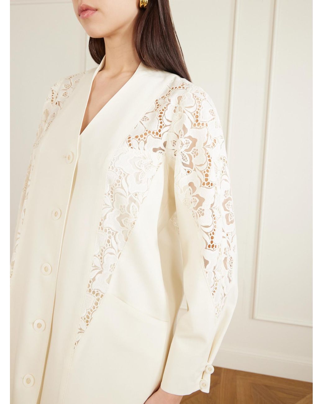 Maison Mayle Ines Lace-Trimmed Wool-Twill Mini Dress in Natural | Lyst