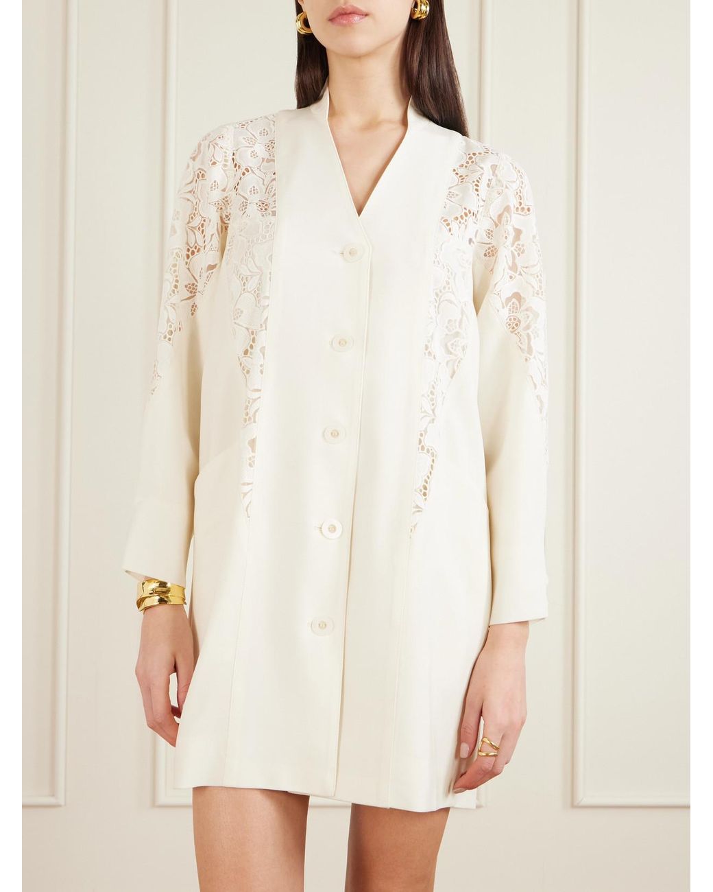 Maison Mayle Ines Lace-Trimmed Wool-Twill Mini Dress in Natural | Lyst