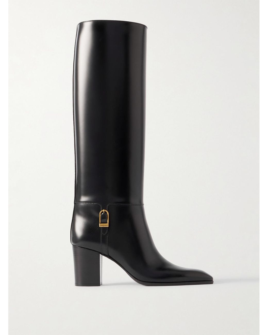 Saint Laurent Julia Buckle-Embellished Leather Knee Boots in Black | Lyst