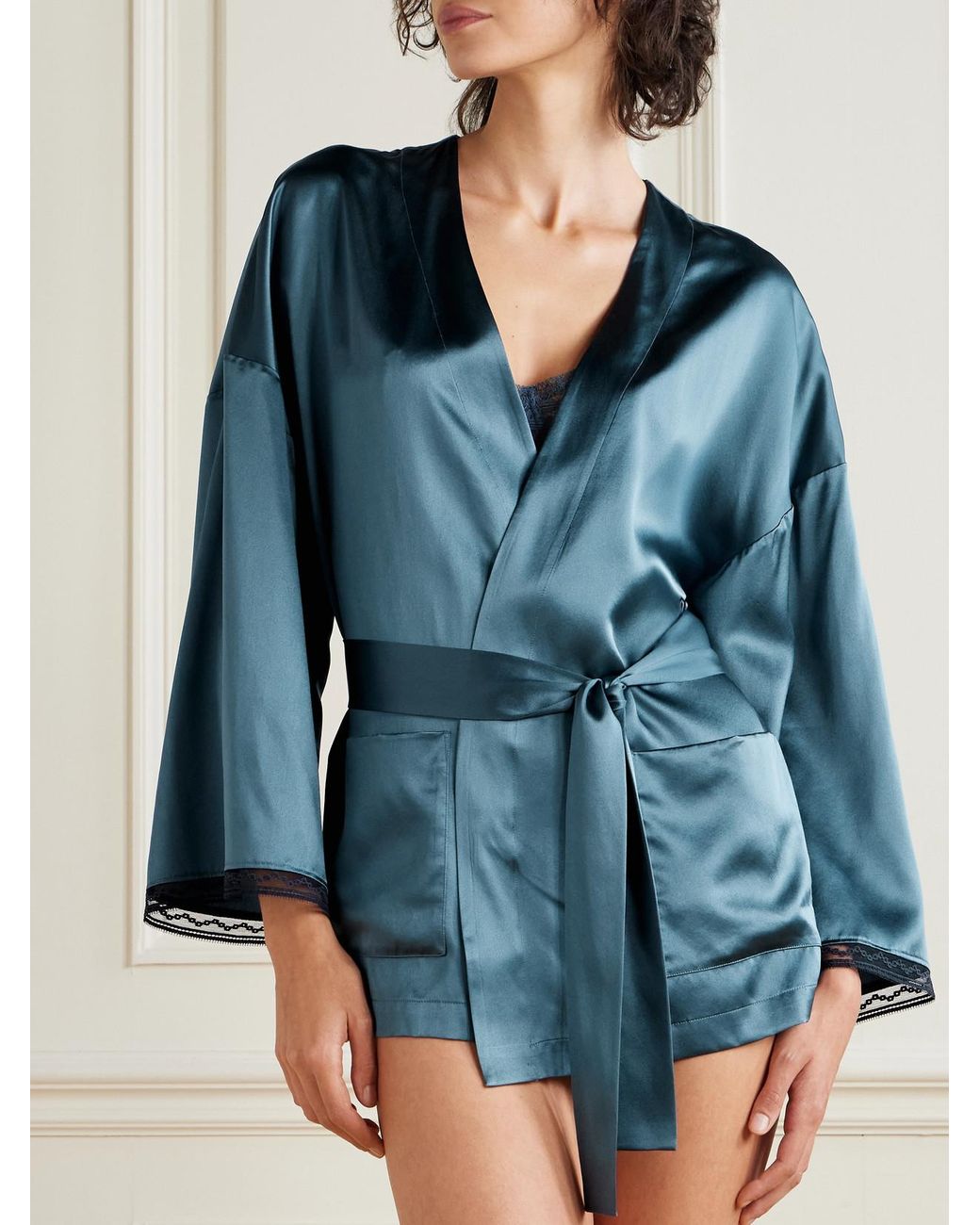 Eres Ondine Belted Lace-Trimmed Silk-Satin Robe in Blue | Lyst