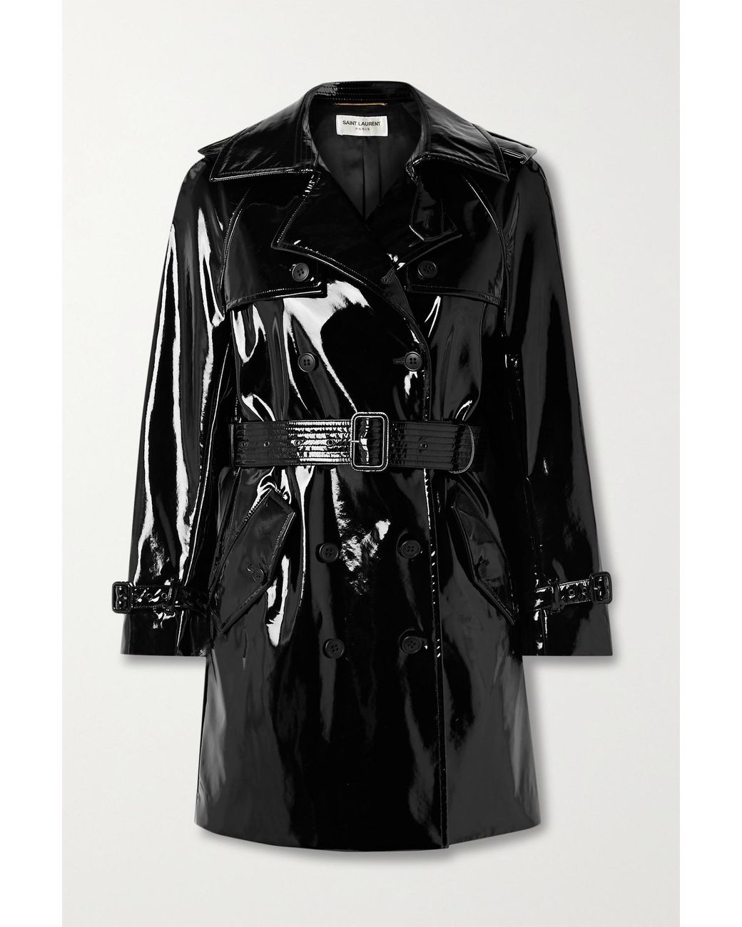 Saint Laurent Belted Faux Patent Leather Trench Coat In Black Lyst
