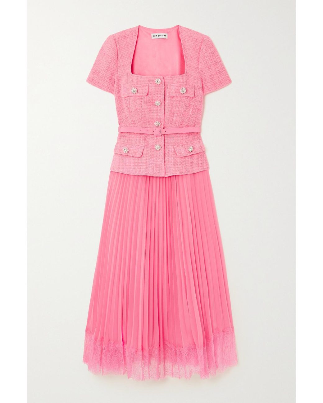 Self-Portrait Embellished Lace-trimmed Pleated Chiffon And Bouclé Midi ...