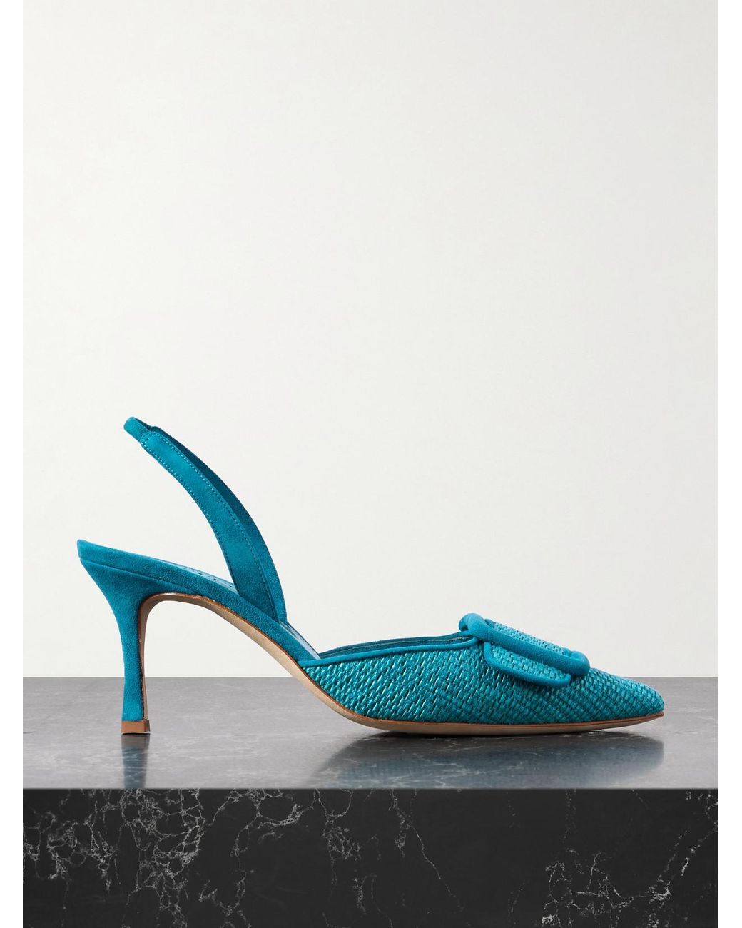 Manolo Blahnik Mayslibi 70 Buckled Suede-Trimmed Raffia Slingback Pumps in Blue | Lyst