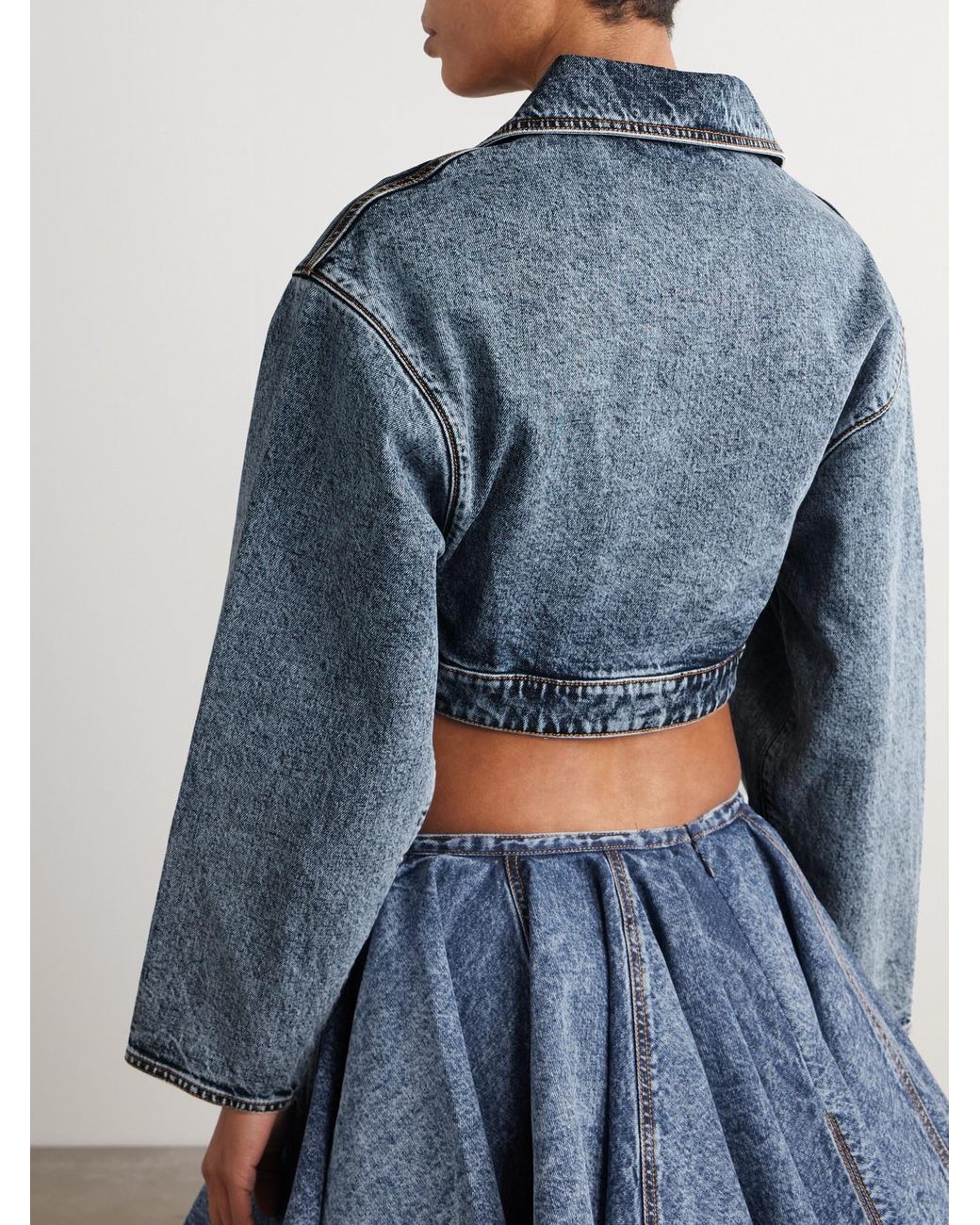 Alaïa Cropped Asymmetric Denim Jacket in Blue | Lyst