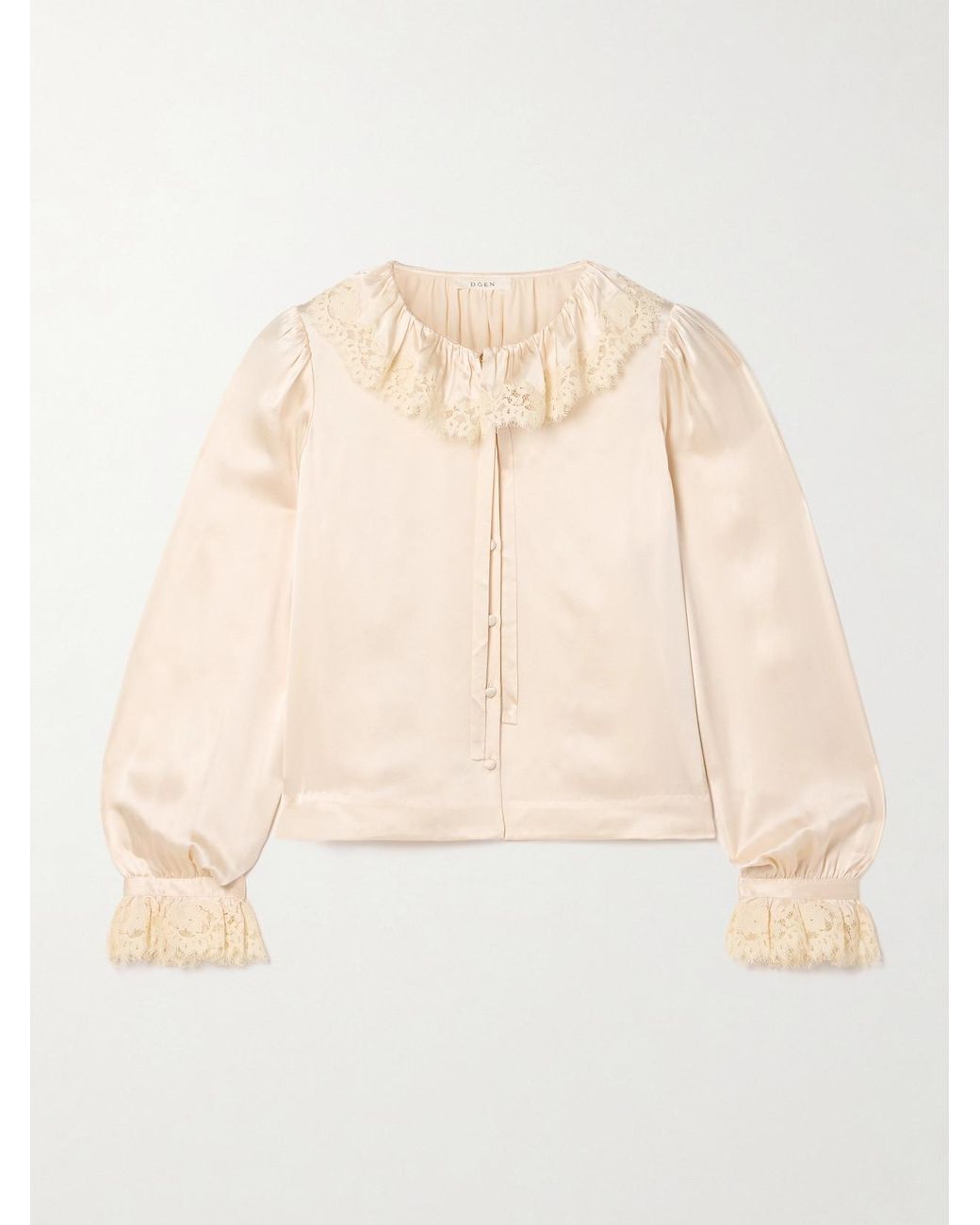 Doen Ingrid Corded Lace-Trimmed Ruffled Silk-Satin Blouse in Natural | Lyst