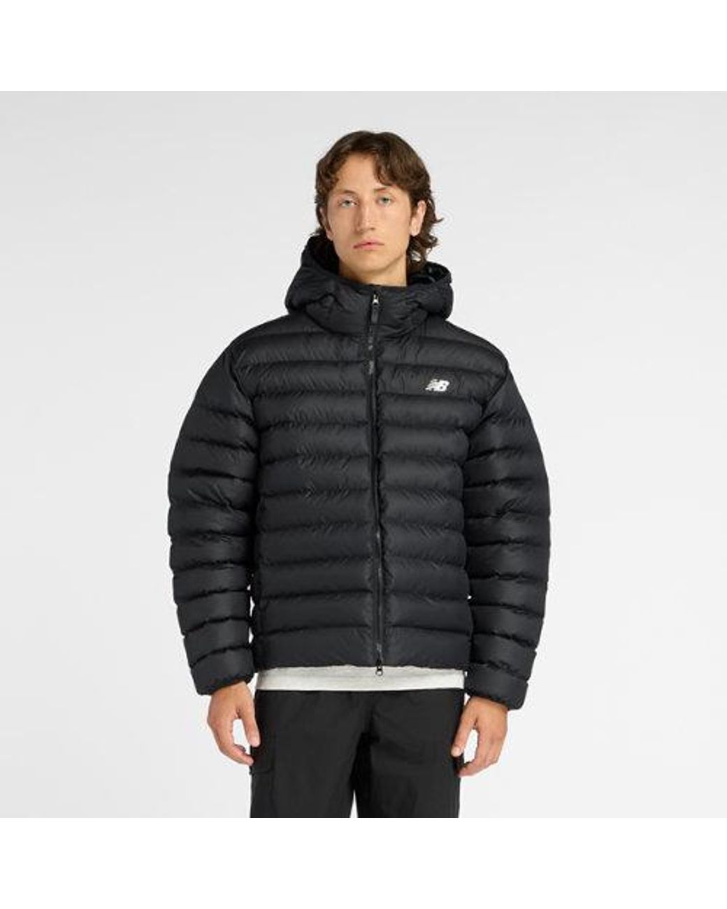 New Balance Sport Essentials Hooded Puffer Jacket in Black for Men | Lyst