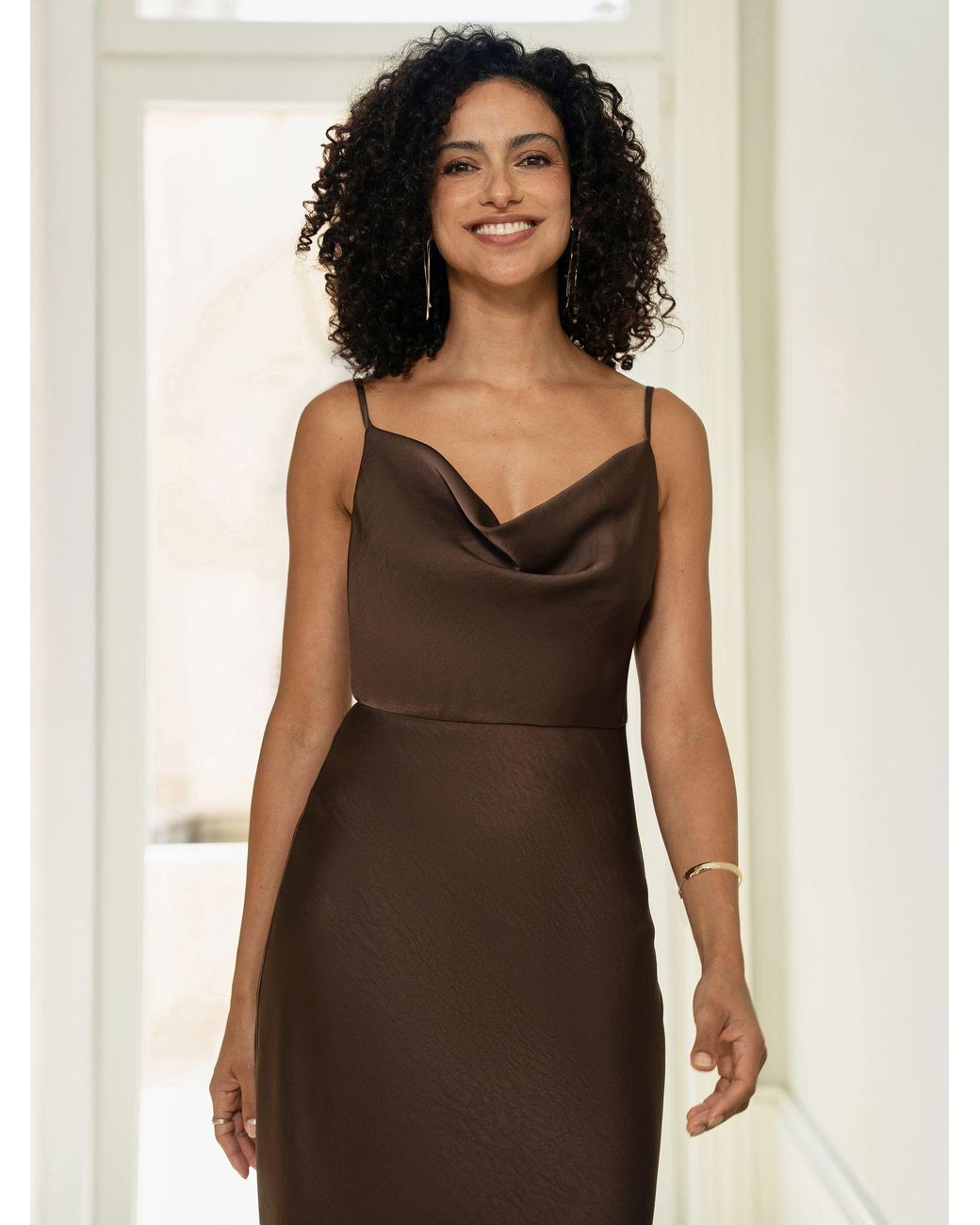 Yumi' Satin Cowl Neck Midi Dress in Natural | Lyst