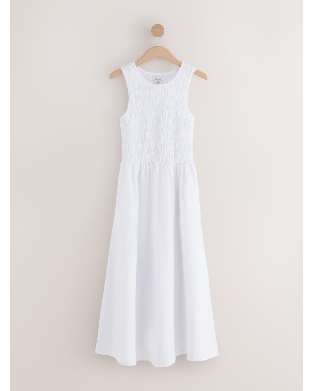 Next N. Premium Shirred Midi Linen Summer Dress in White | Lyst