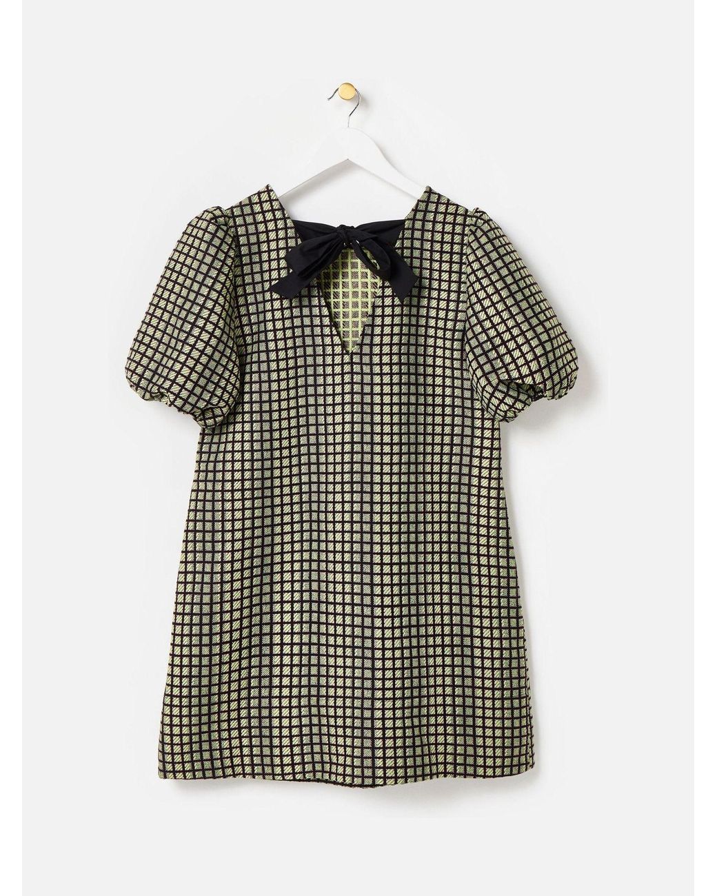 Oliver Bonas Checked Jacquard Puff Sleeve Mini Dress in Green | Lyst