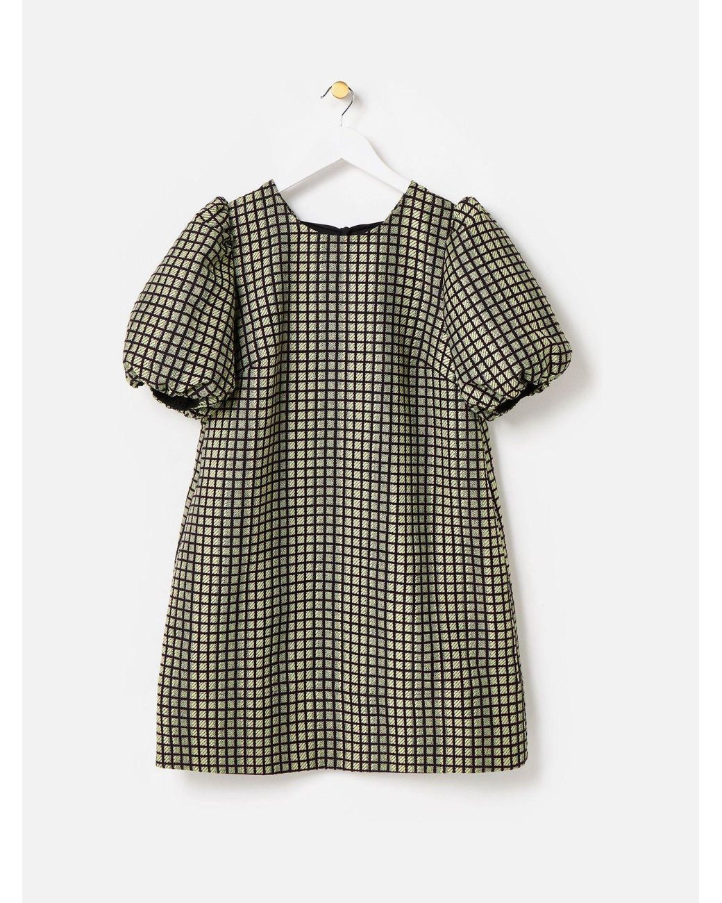 Oliver Bonas Checked Jacquard Puff Sleeve Mini Dress in Green | Lyst