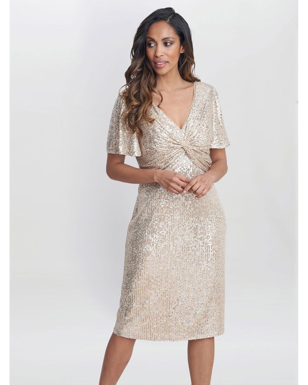 Gina Bacconi Krista V Neck Twist Sequin Dress in Natural | Lyst