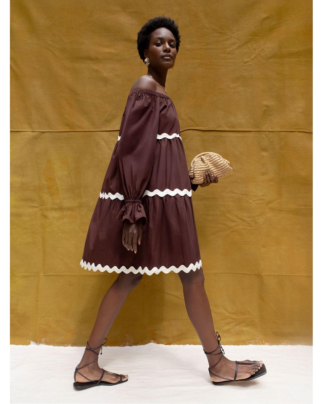 Ro & Zo Bardot Contrast Trim Dress in Brown | Lyst