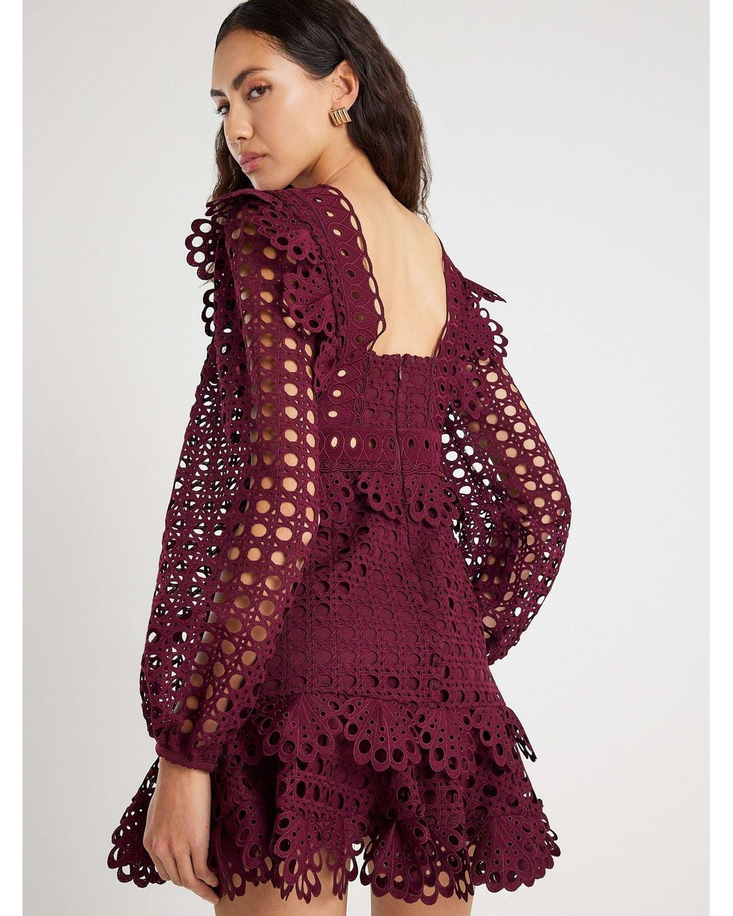 River Island Long Sleeve Lace Frill Mini Dress in Red | Lyst