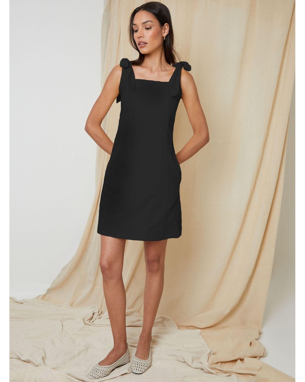 Threadbare Tie Strap Linen Blend Mini Shift Summer Dress in Black | Lyst