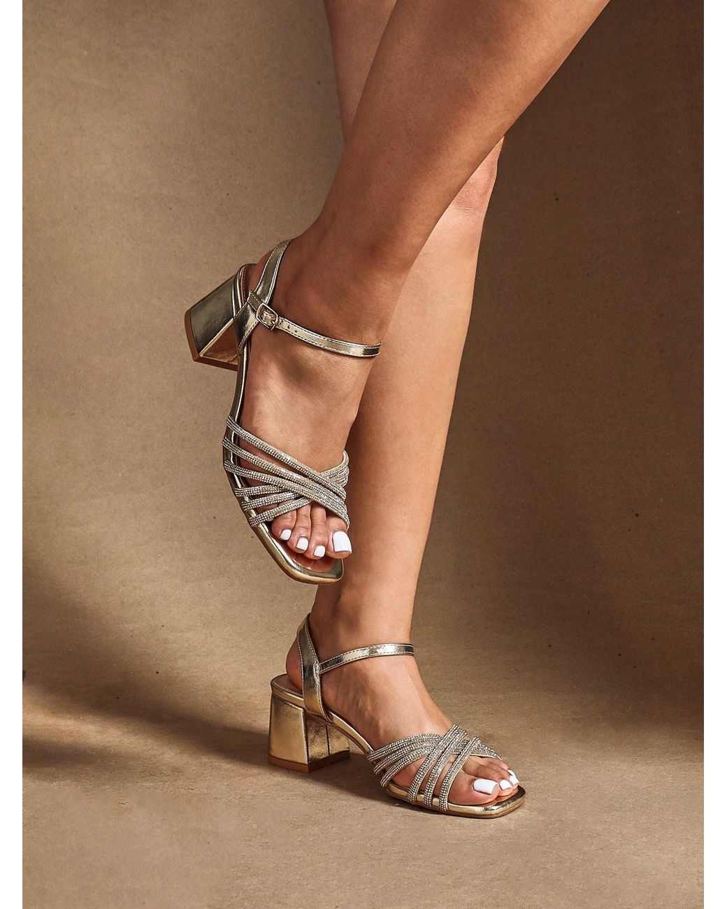 Linzi Strictly Wide Fit Diamante Crossover Heeled Sandals in Brown | Lyst