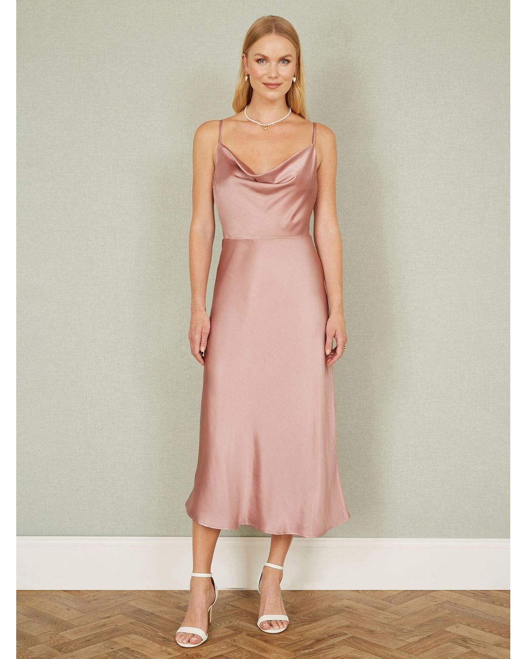 Yumi' Satin Cowl Neck Midi Dress in White | Lyst
