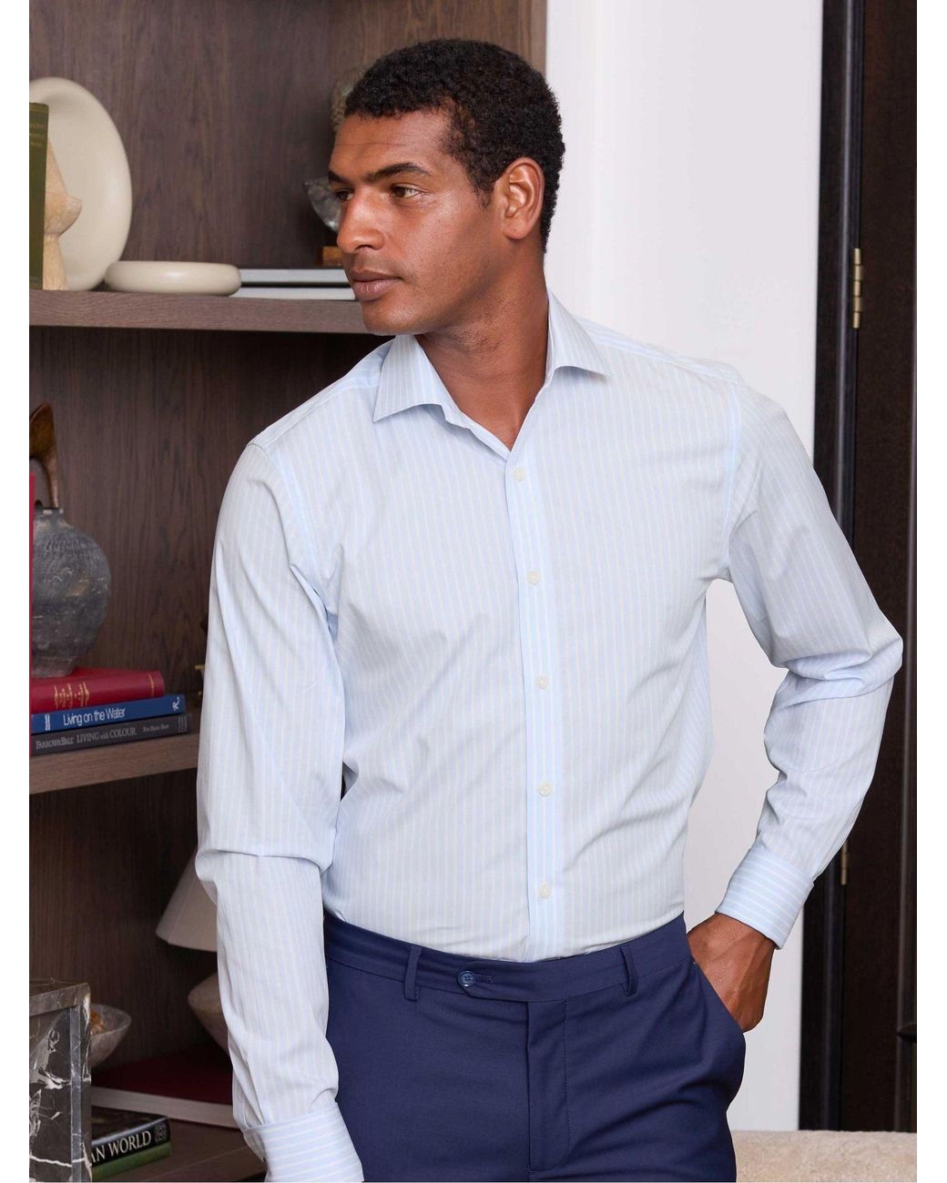 Savile Row Company Slim Fit Striped Cotton Double Cuff Formal Shirt in ...