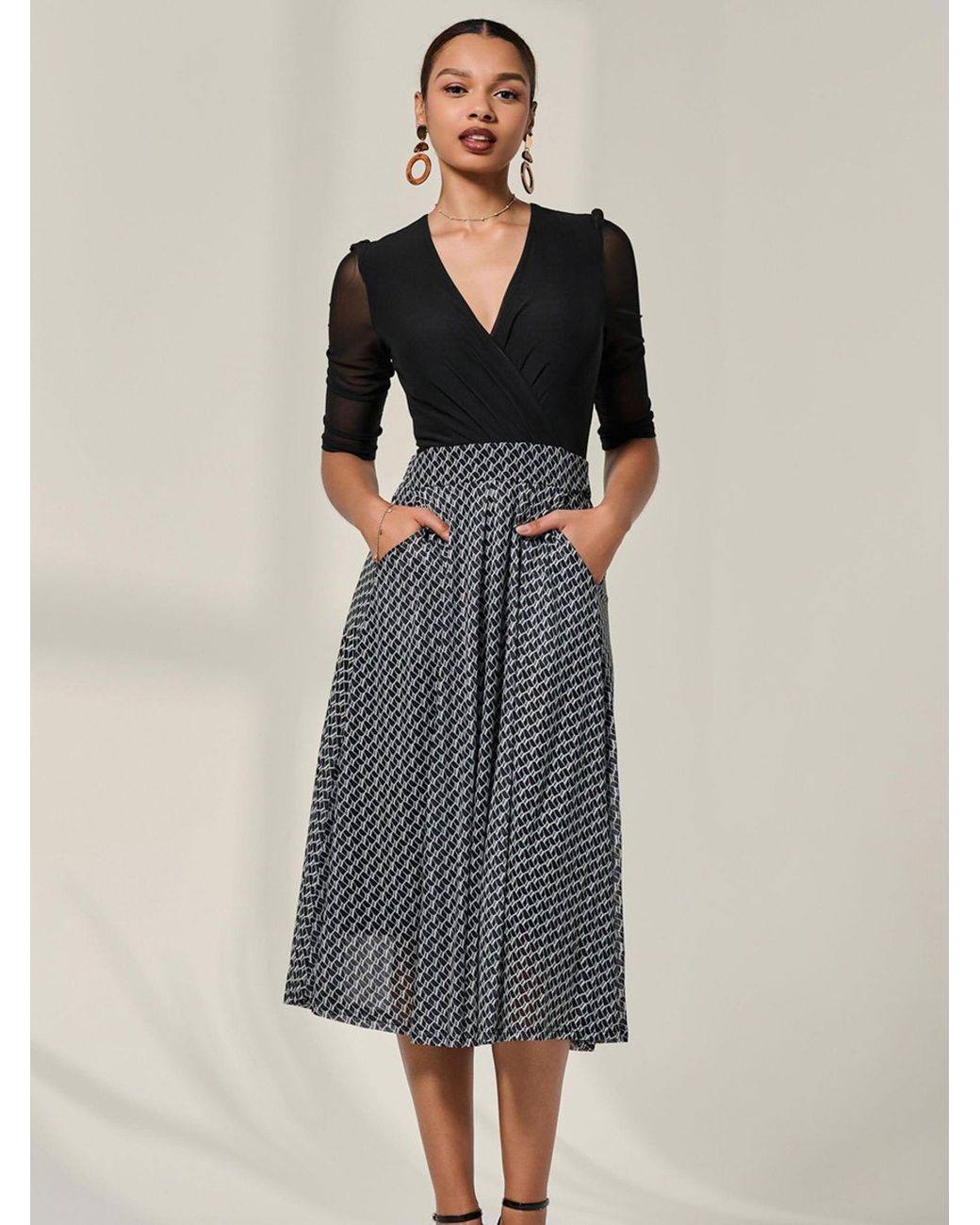 Jolie Moi Mesh Two Tone Half Sleeve Midi Dress in Black | Lyst