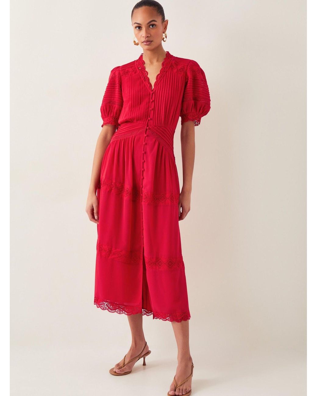 Monsoon Kiana Pintuck Puff-Sleeve Midi Dress in Red | Lyst