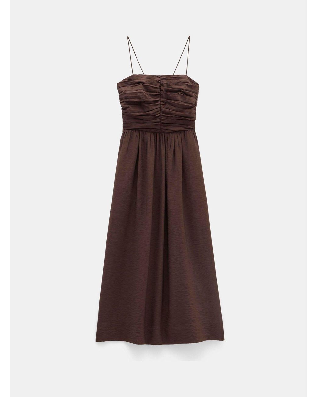 Hush Air Flow Thin Strap Gathered Midi Dress in Brown | Lyst