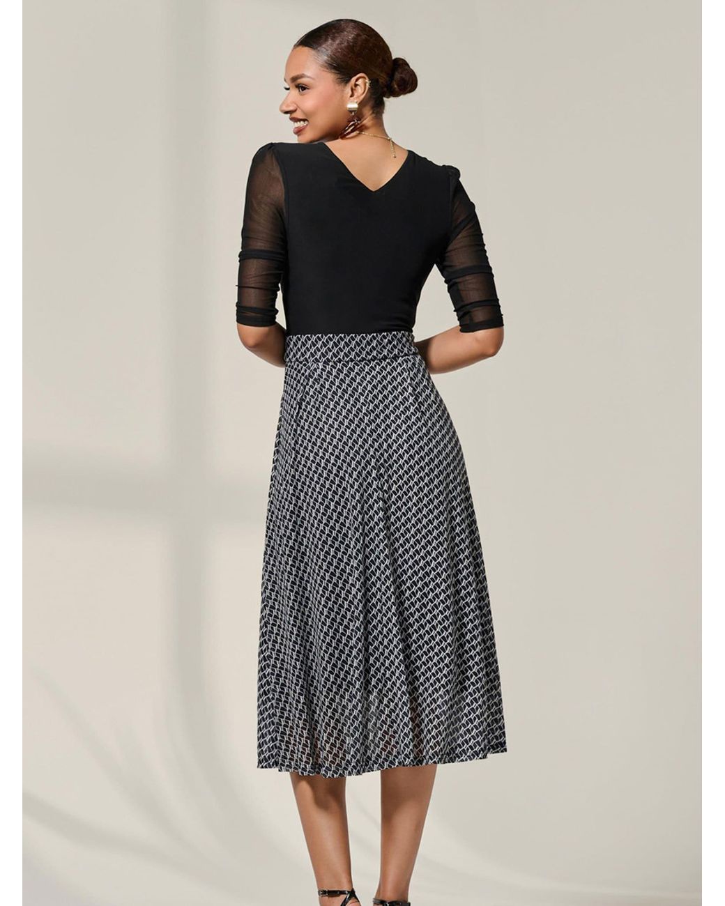 Jolie Moi Mesh Two Tone Half Sleeve Midi Dress in Black | Lyst