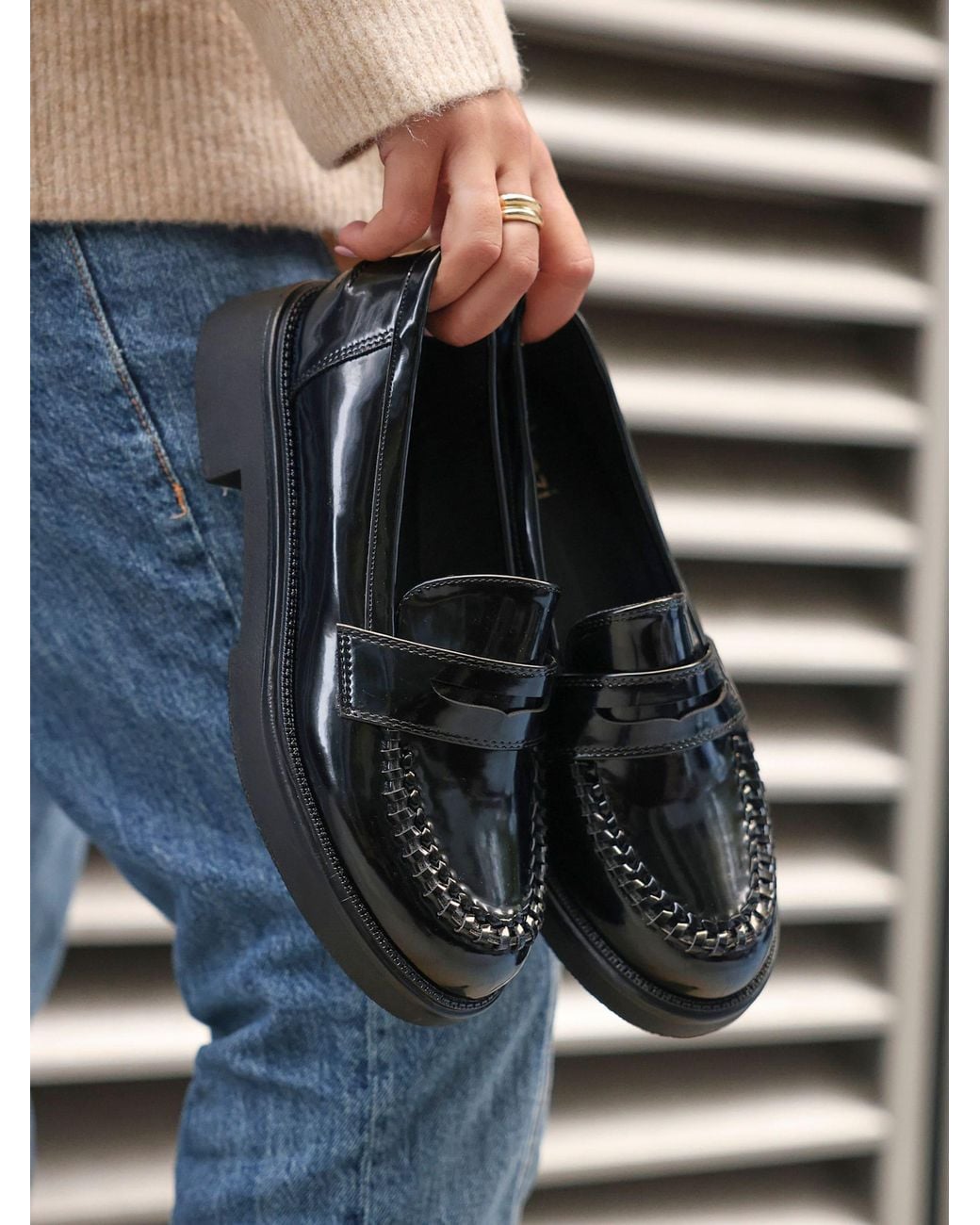 Linzi Direction Chunky Loafers With Woven Detail in Black | Lyst