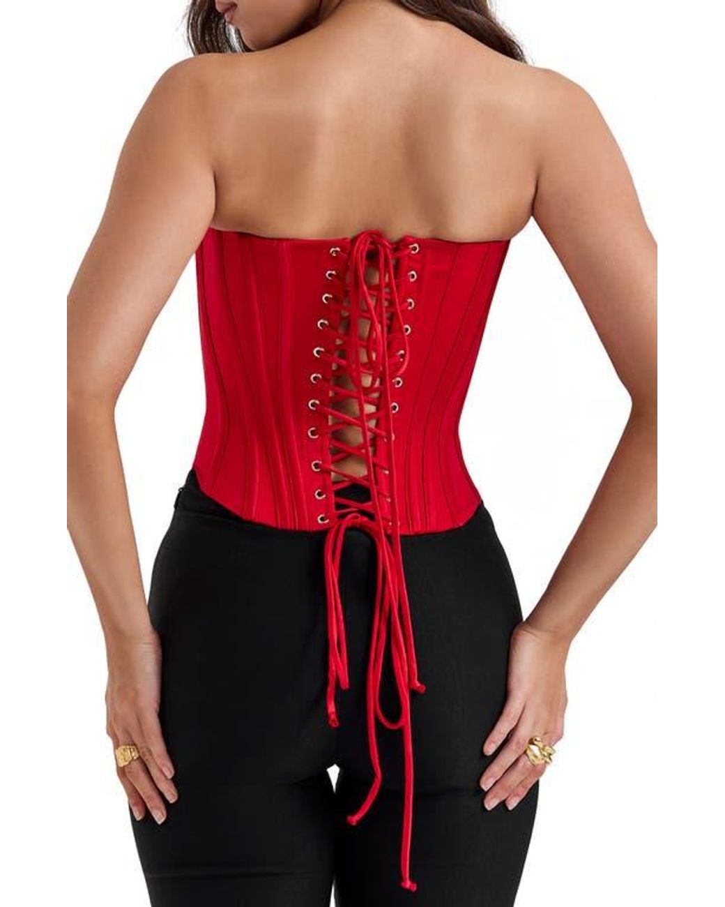 House Of Cb Genevieve Strapless Satin Corset Top in Red | Lyst