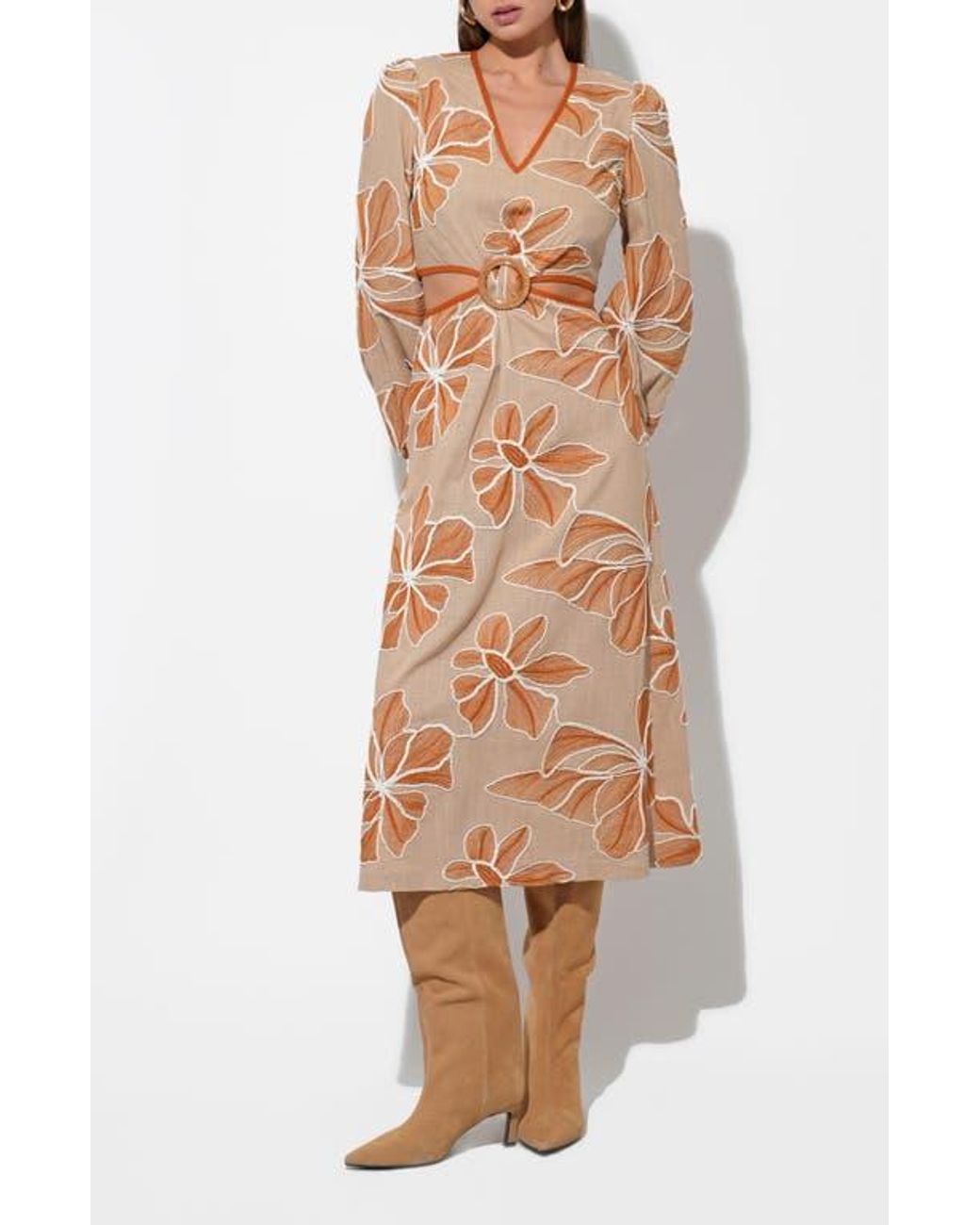 Adelyn Rae Joy Embroidered Side Cutout Long Sleeve Midi Dress in ...