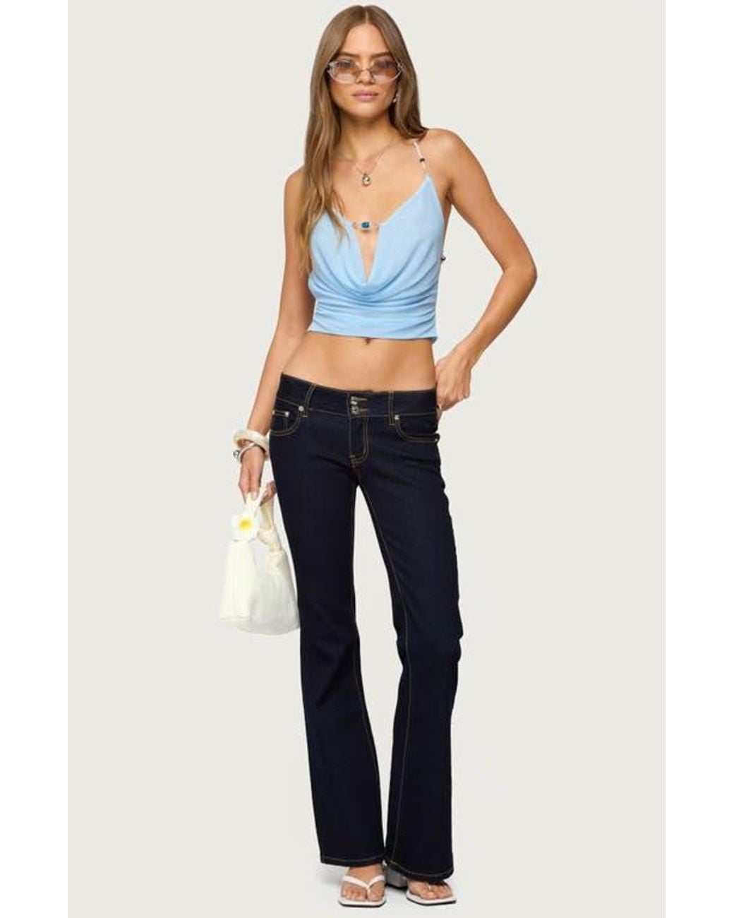 Edikted Beaded Cowl Neck Backless Crop Top in Blue | Lyst