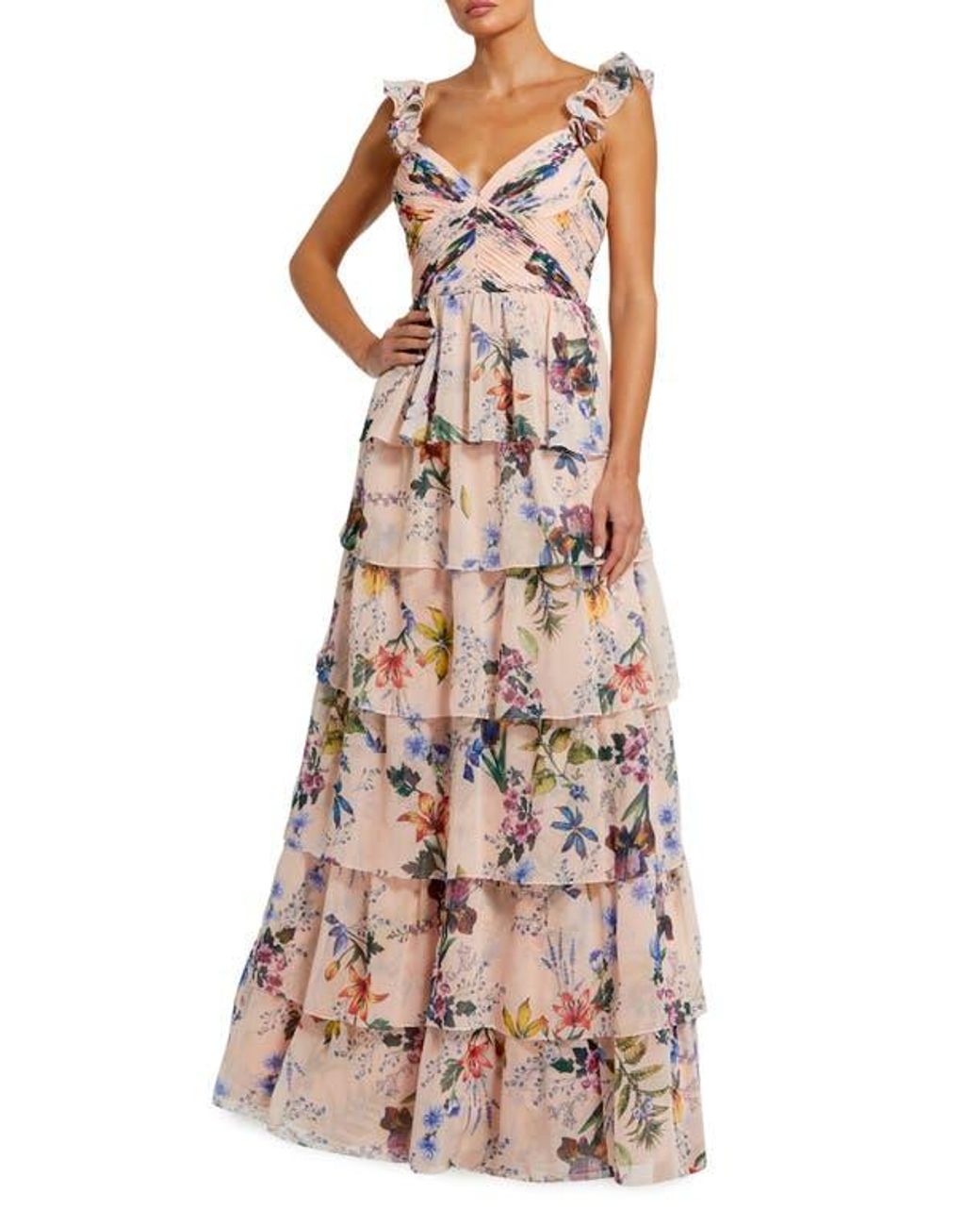 Mac Duggal Ruffle Sleeveless Chiffon Tiered Floral Print Gown in ...