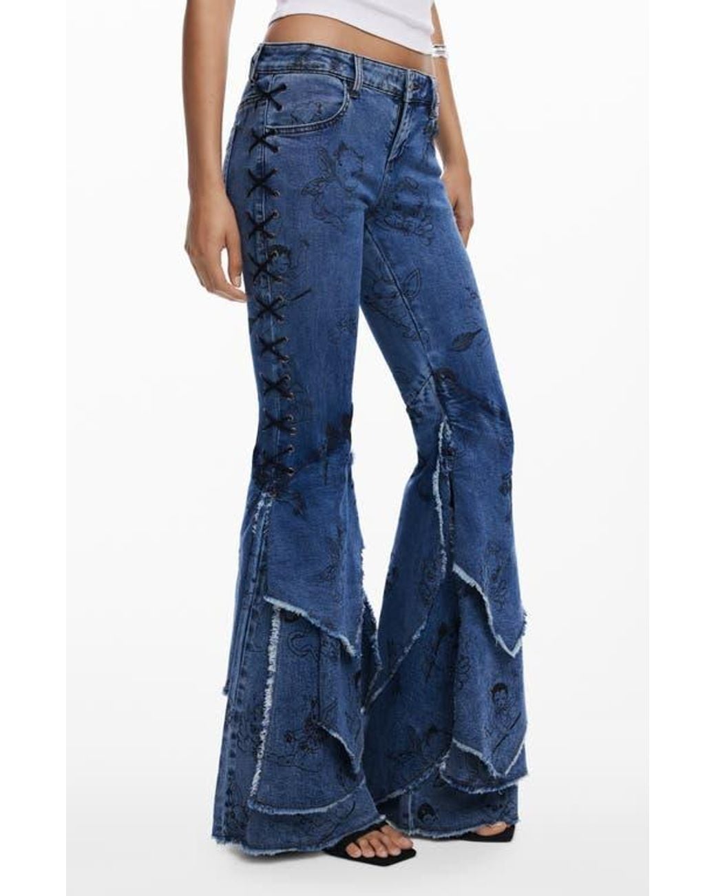 Desigual Cartoon Pattern Flare Jeans in Blue | Lyst
