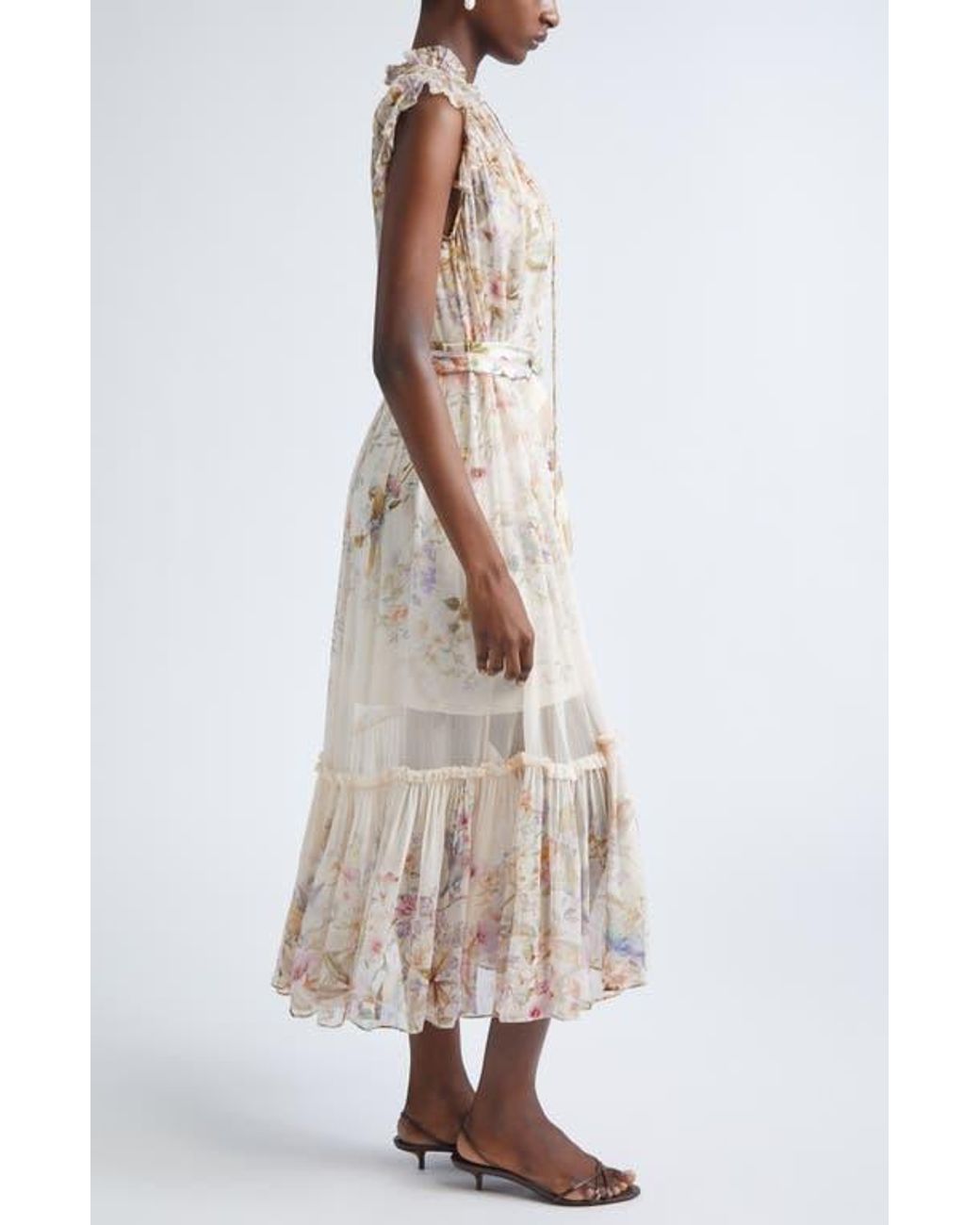 Zimmermann Rebellion Flutter Floral Chiffon Midi Dress in White | Lyst