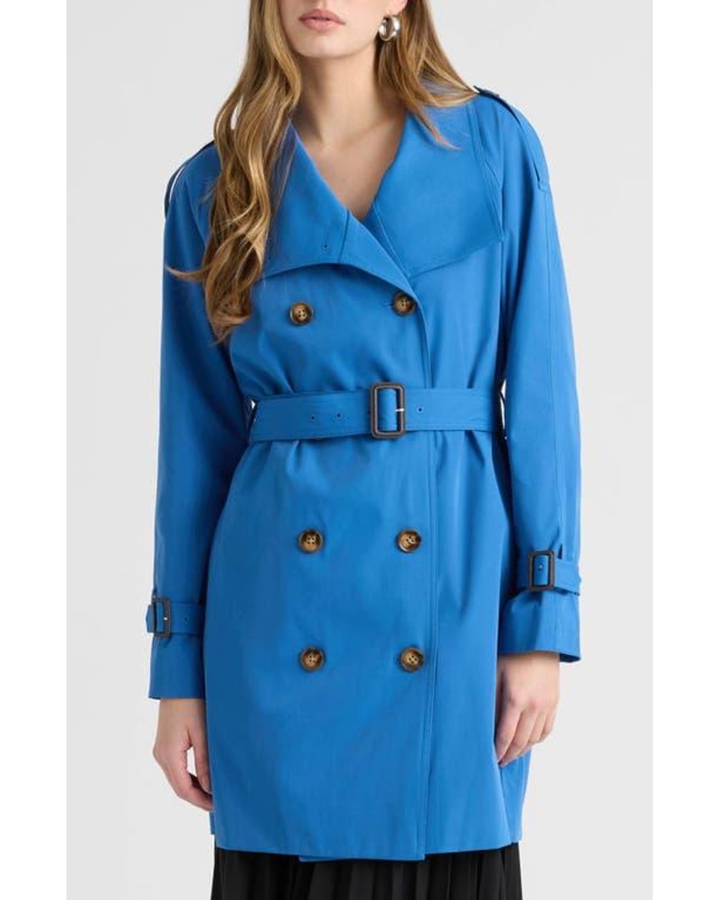 NVLT Belted Double Breasted Trench Coat in Blue | Lyst