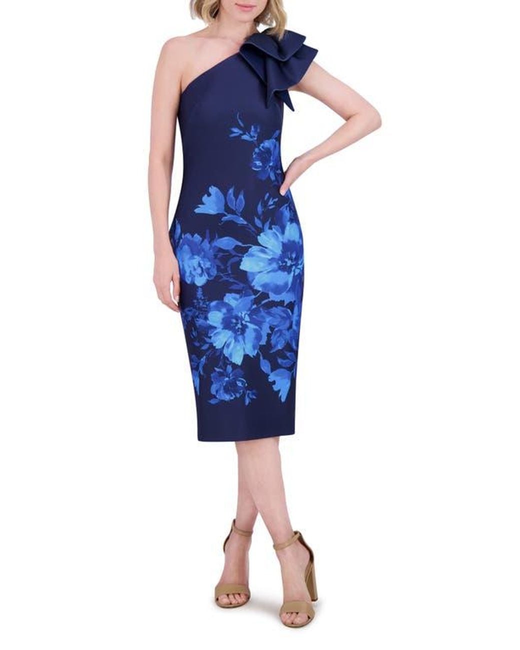 Eliza J Ruffle One-Shoulder Cocktail Dress in Blue | Lyst