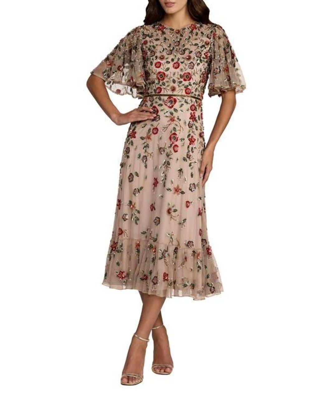 Mac Duggal Floral Embellished Flutter Sleeve Midi Dress in Brown | Lyst