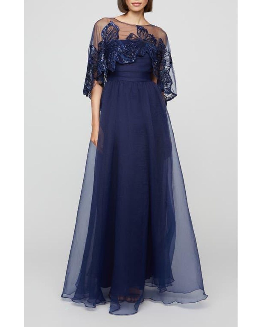 THEIA Ginny Beaded Embroidered Capelet Gown in Blue | Lyst