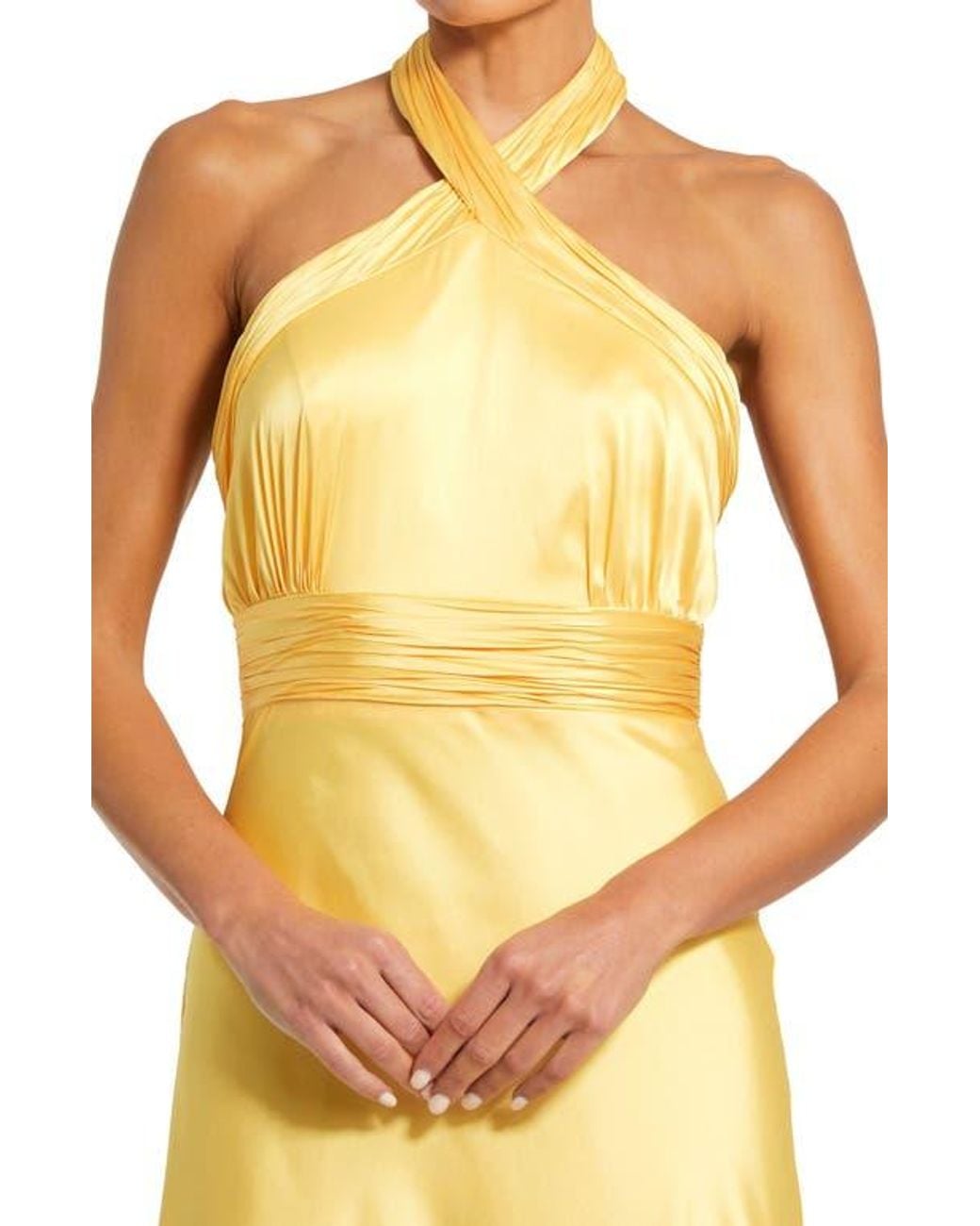 Mac Duggal Ruched Halter Neck Tie Back Satin Gown in Yellow | Lyst