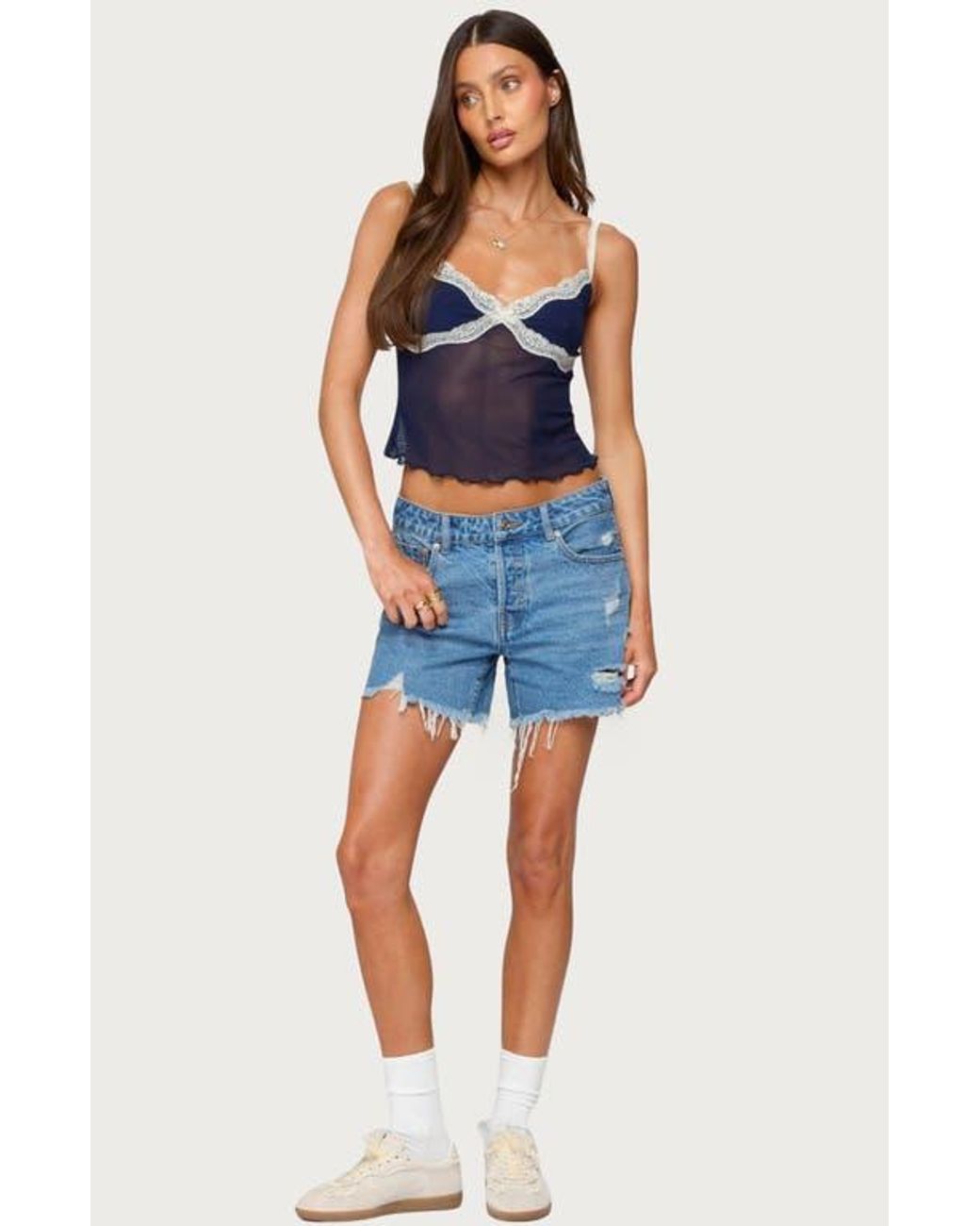 Edikted Lacey Contrast Mesh Tank in Blue | Lyst